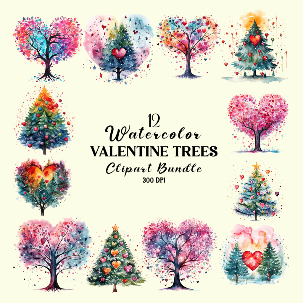 Watercolor Valentine Trees Clipart Bundle - MasterBundles