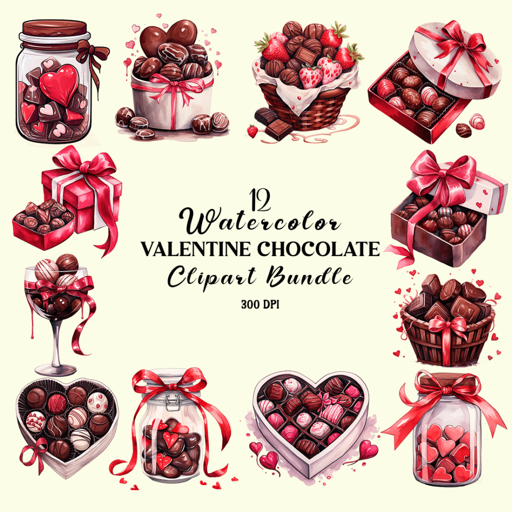 Watercolor Valentine Chocolate Clipart Bundle - MasterBundles