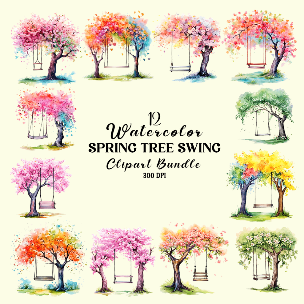 Watercolor Spring Tree Swing Clipart Bundle - MasterBundles