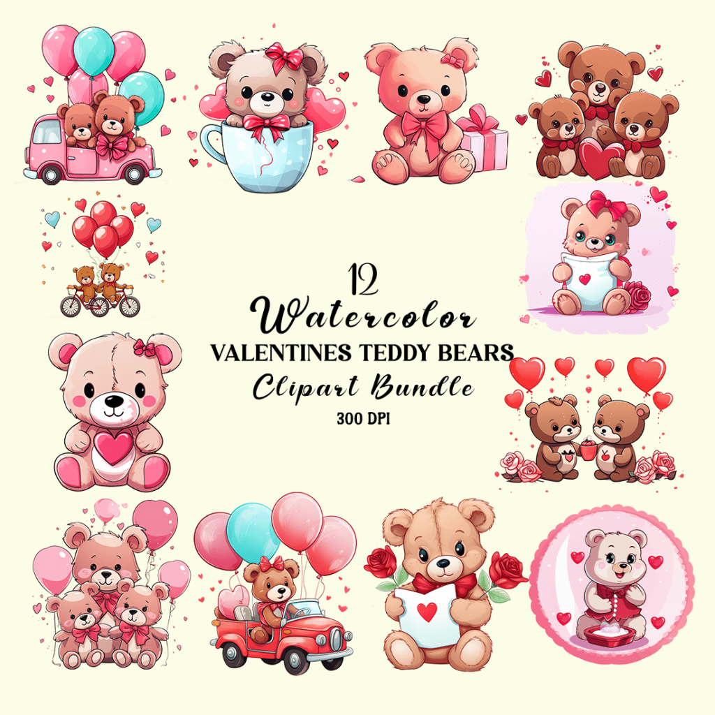 Watercolor Valentines Teddy Bears Clipart Bundle - MasterBundles
