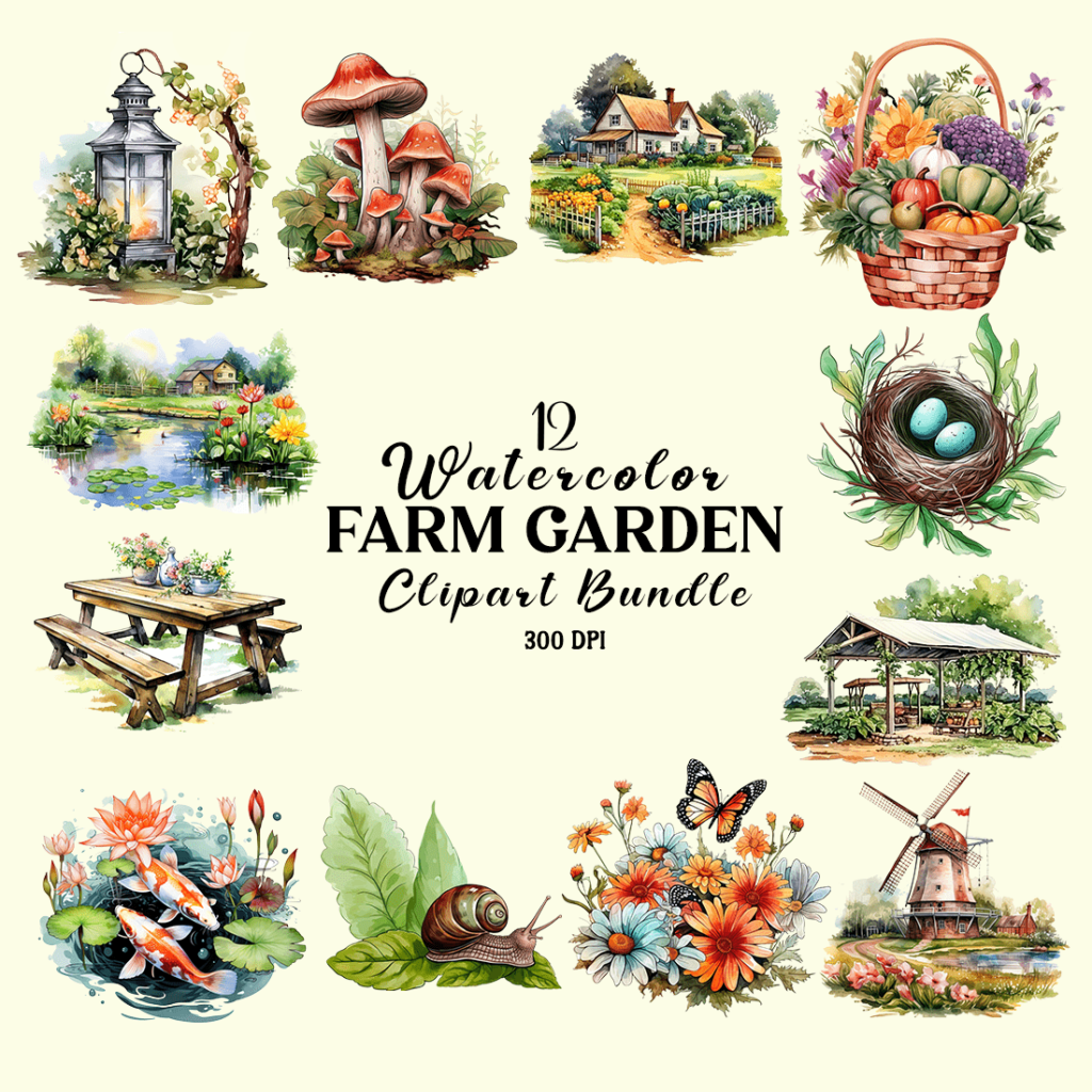 Watercolor Farm Garden Clipart Bundle - MasterBundles