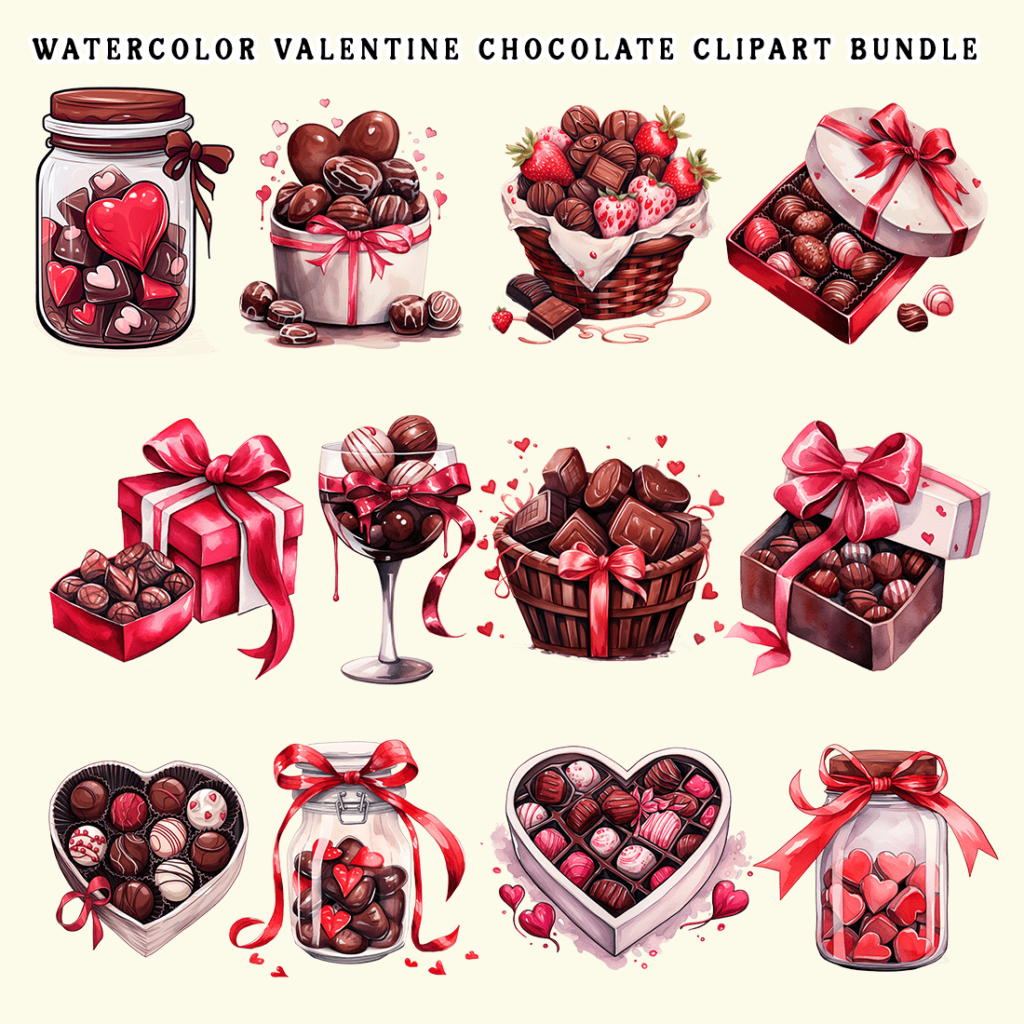 Watercolor Valentine Chocolate Clipart Bundle - MasterBundles
