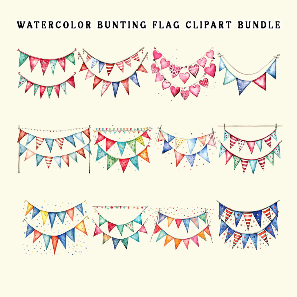 Watercolor Bunting Flag Clipart Bundle - MasterBundles