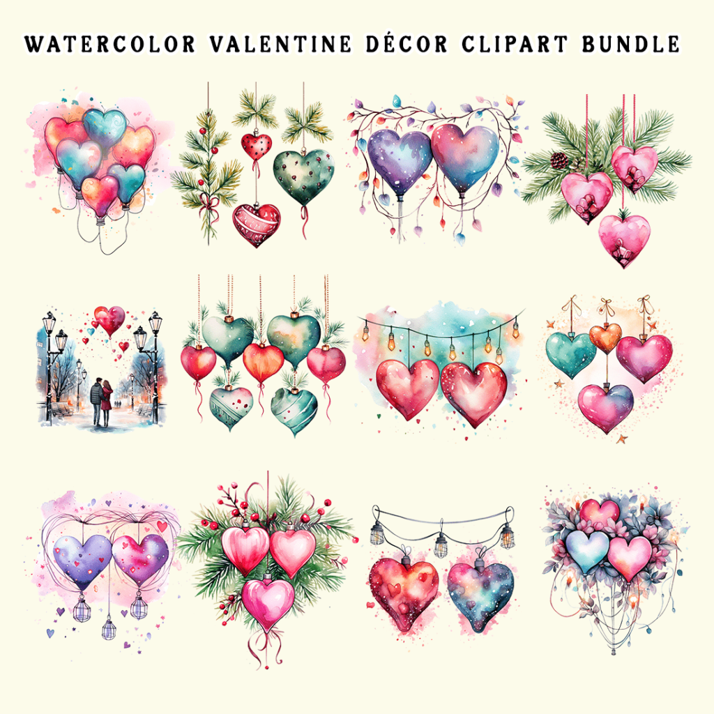 Watercolor Valentine Décor Clipart Bundle - MasterBundles