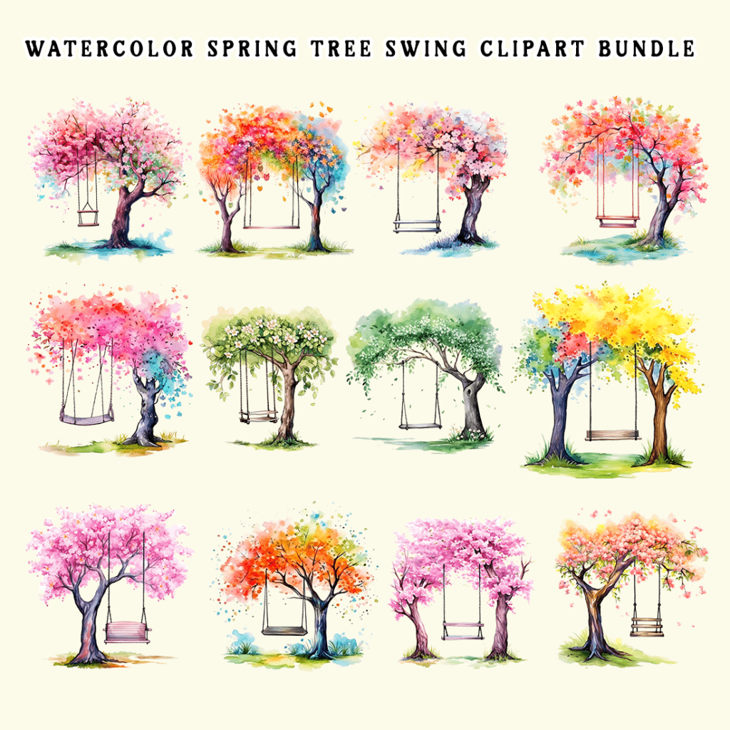Watercolor Spring Tree Swing Clipart Bundle - MasterBundles