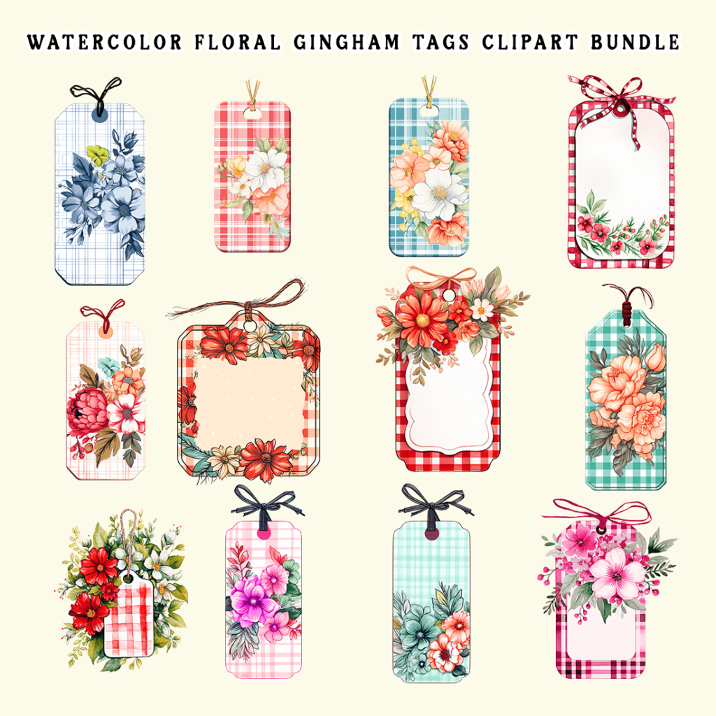Watercolor Floral Gingham Tags Clipart Bundle - MasterBundles