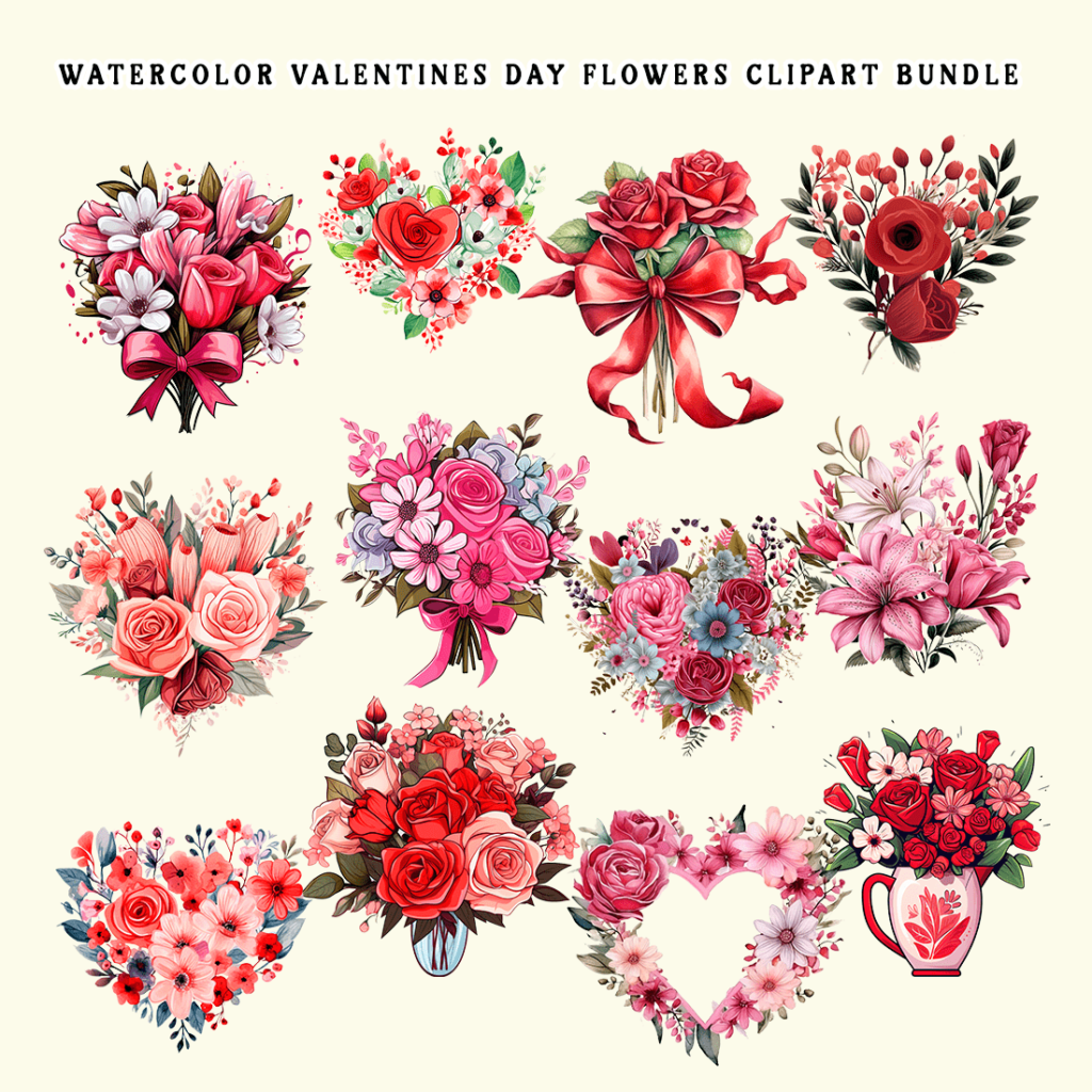 Watercolor Valentines Day Flowers Clipart Bundle - MasterBundles