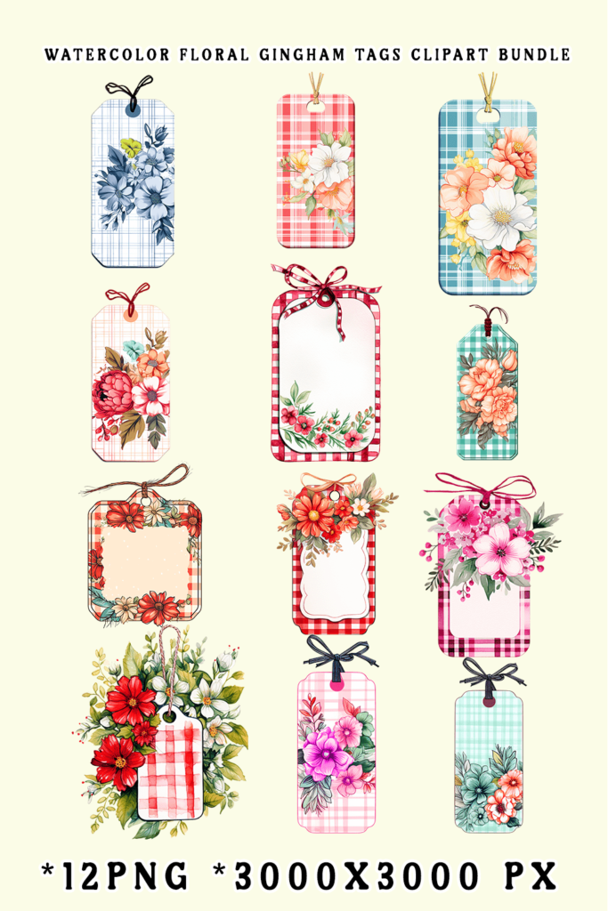 Watercolor Floral Gingham Tags Clipart Bundle - MasterBundles