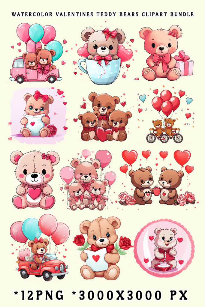 Watercolor Valentines Teddy Bears Clipart Bundle - MasterBundles