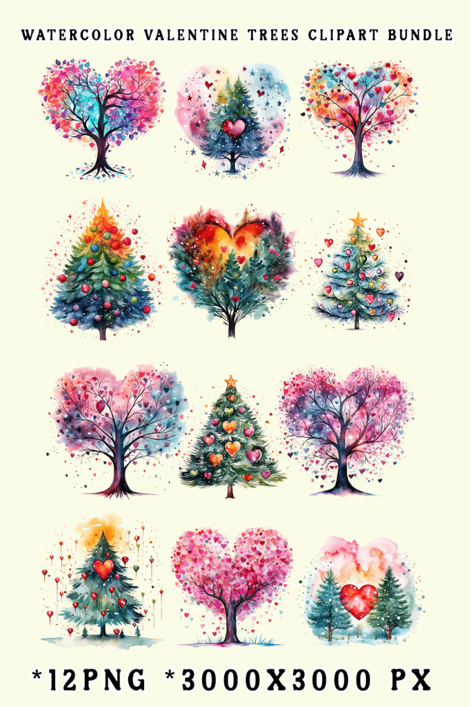 Watercolor Valentine Trees Clipart Bundle - MasterBundles