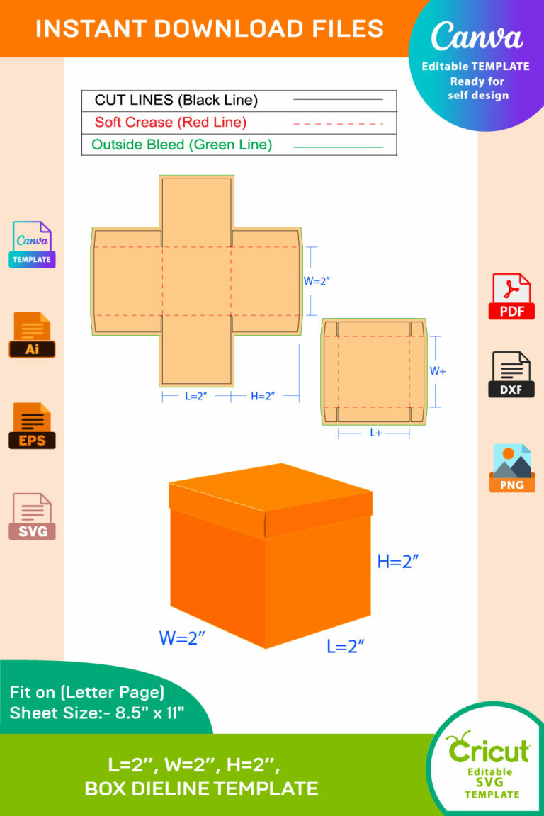 Square Box With Lid, Favor Gift Box Dieline Template SVG, Ai, EPS, PDF ...