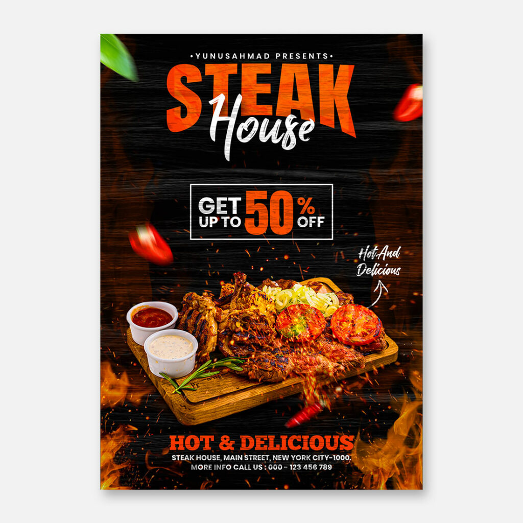 Grilled steak house restaurant flyer template - MasterBundles