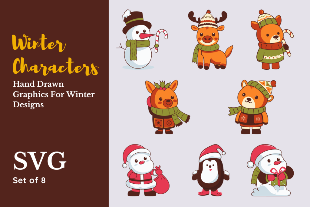 Set of 8 Winter Joyful Vector Characters Design Elements - MasterBundles