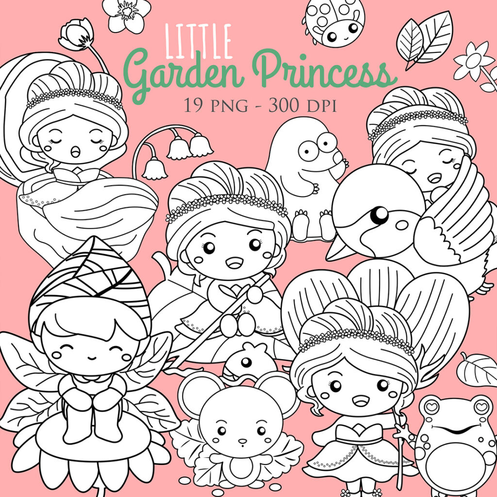 Little Garden Princess Girl Kids and Animal Cartoon Digital Stamp ...