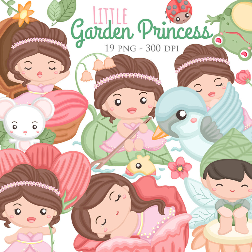 Cute Beautiful Pink Little Garden Princess Girl Kids and Animal Cartoon ...