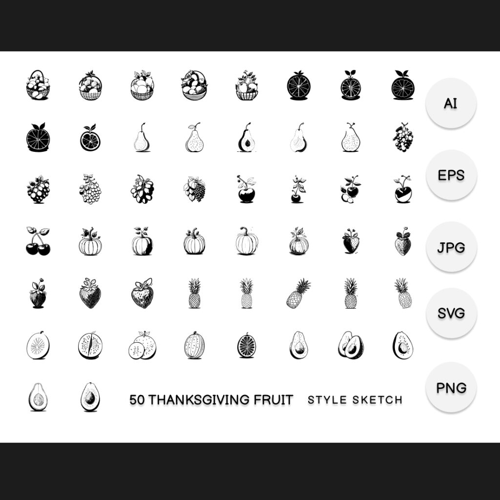 Thanksgiving Fruit Element Draw Black - MasterBundles