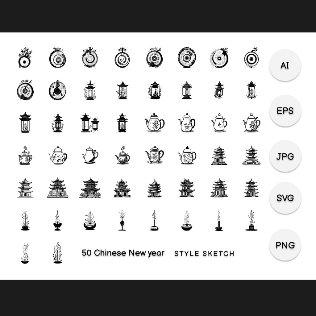 Chinese New Year Element Draw Black - MasterBundles