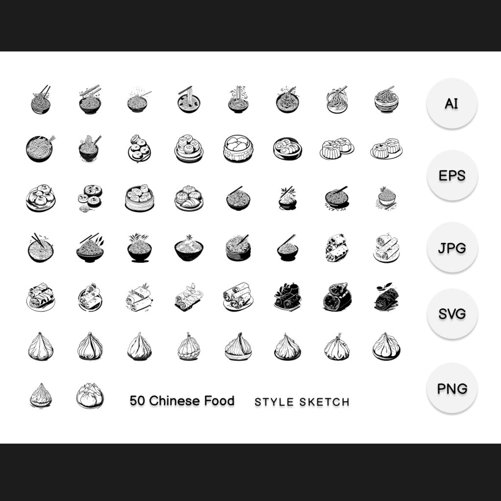 Chinese Food Element Draw Black - MasterBundles