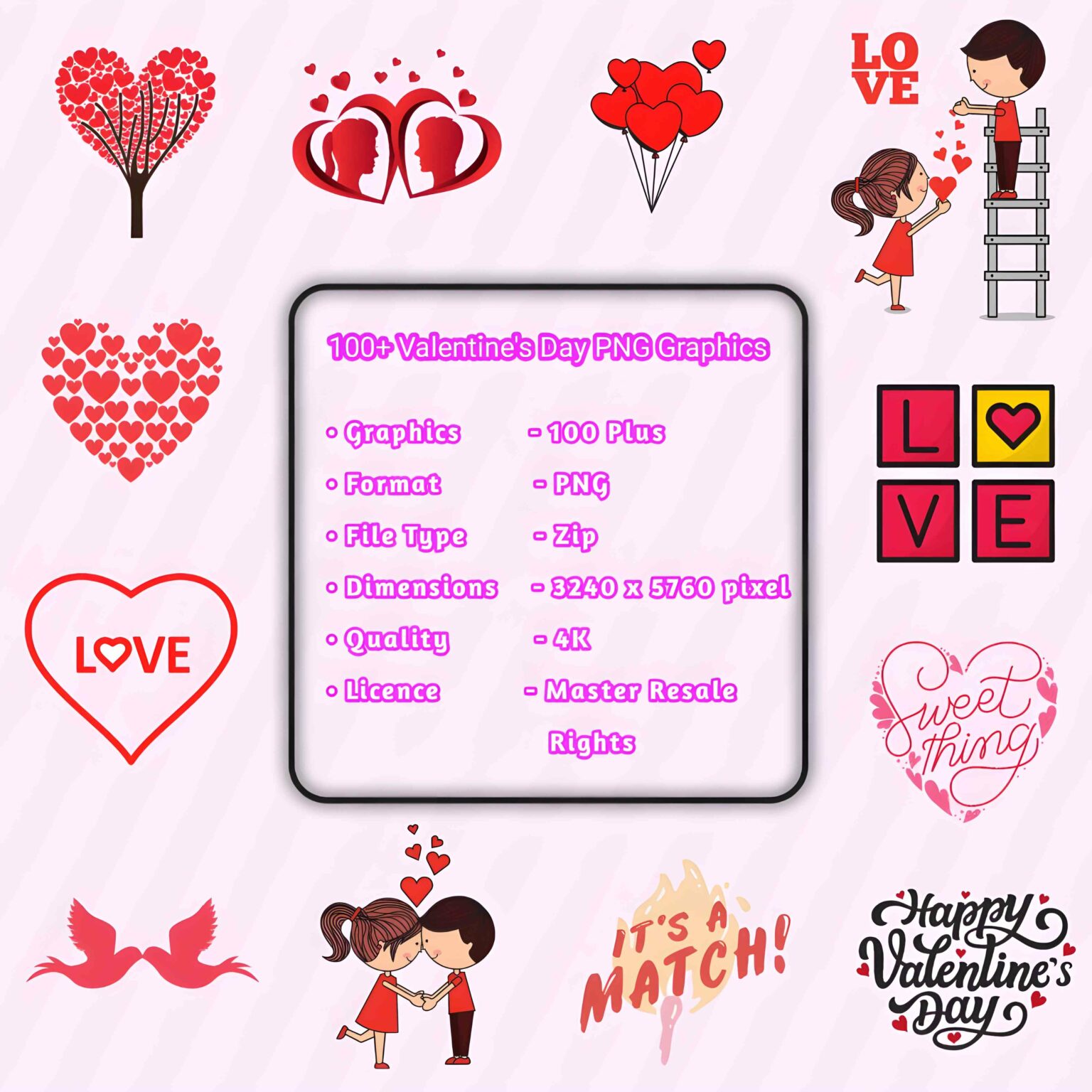 100+ Unique Valentine's Day | PNG Graphics Bundle | 2024