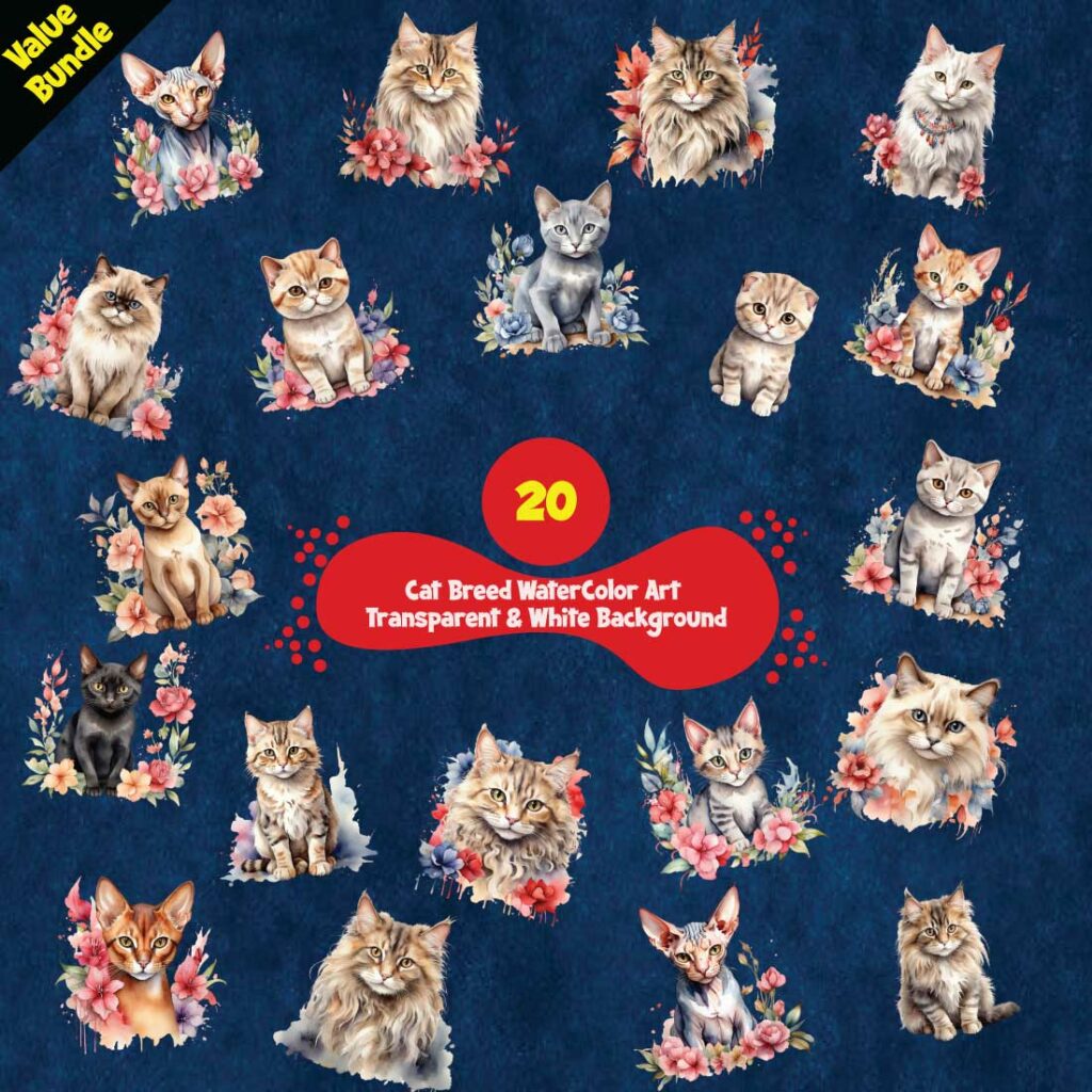 20 Packs of Watercolor Cat Breeds Illustrations. - MasterBundles