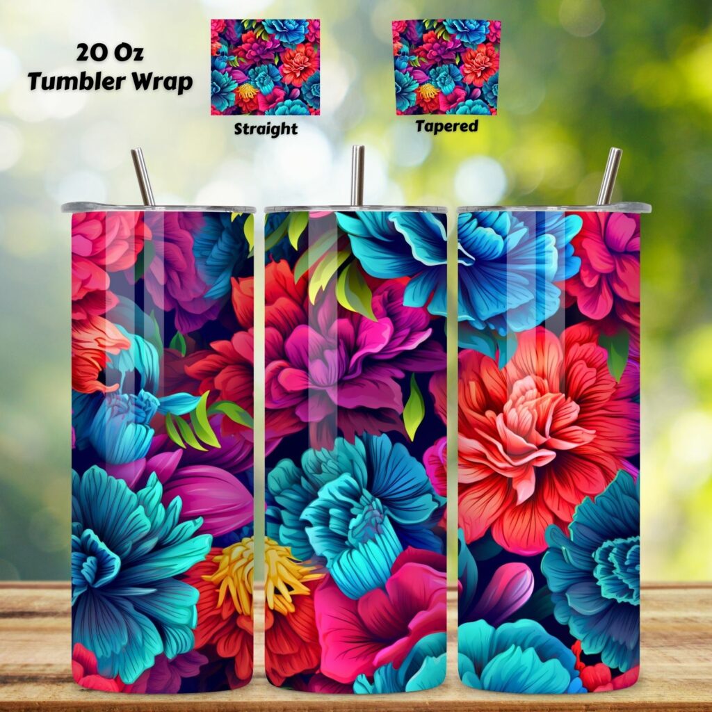 Seamless Neon Garden Tumbler Wrap, Floral Fantasy, 3D Neon Botanical 20 ...