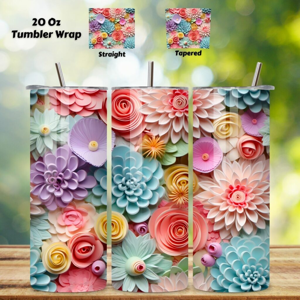 Pastel Flowers 3D Tumbler Wrap, Eclectic Floral Pattern for Flower Lover, Straight and Tapered ...