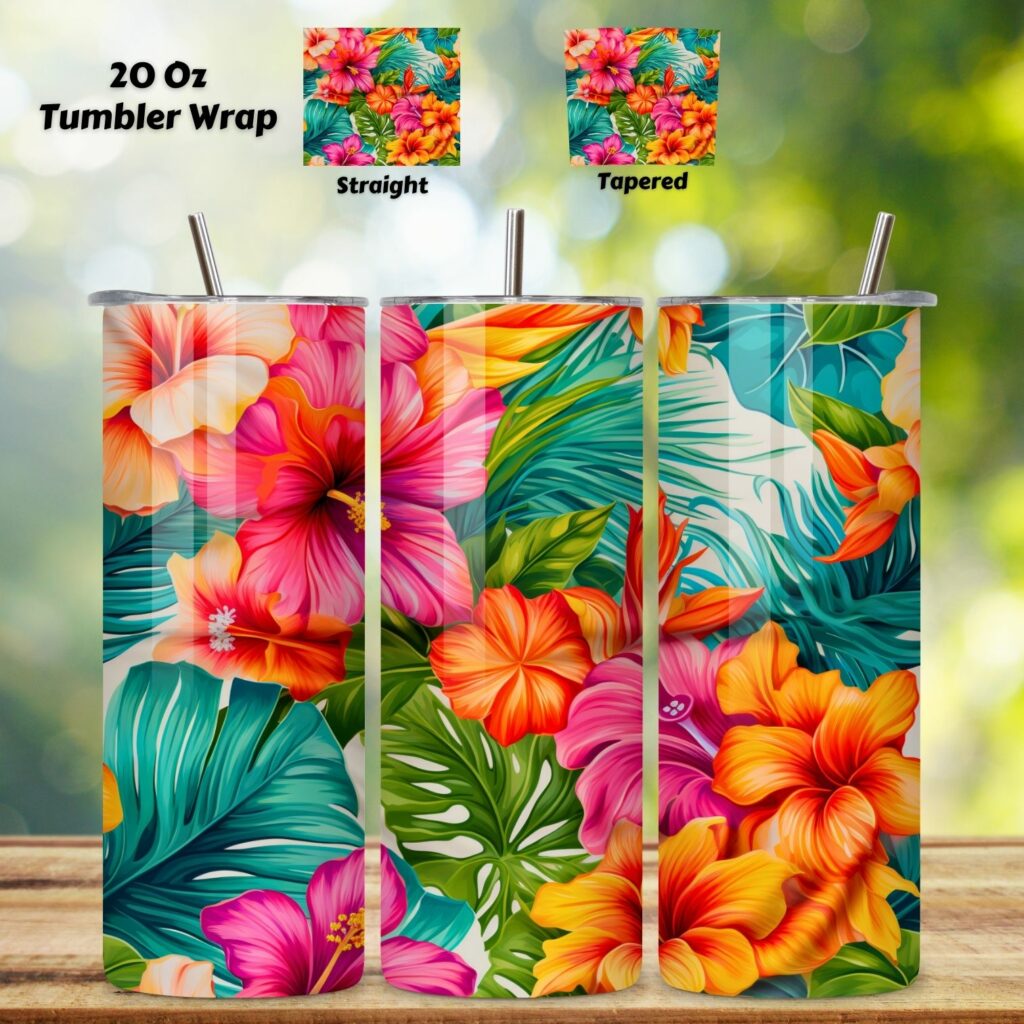 Tropical Hibiscus Flowers Tumbler wrap, Seamless Wrap PNG - MasterBundles