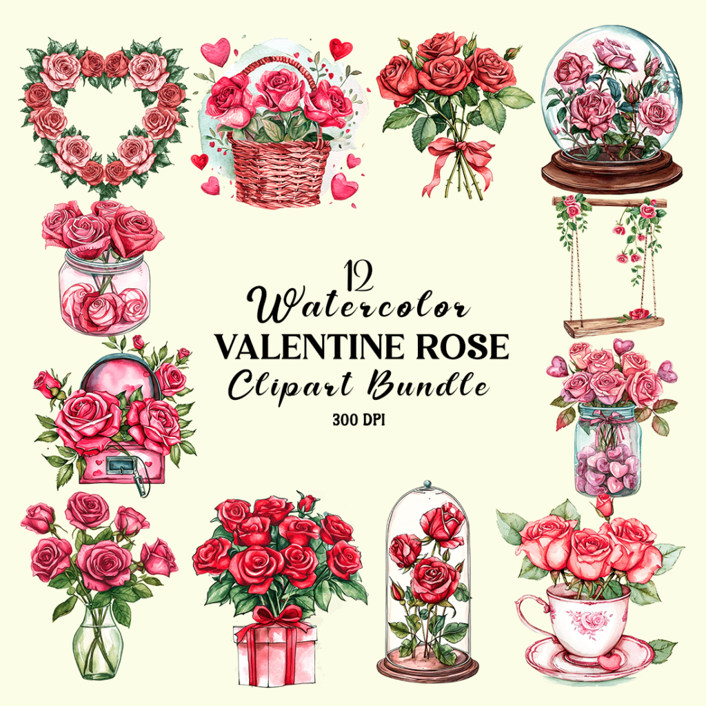 Watercolor Valentine Rose Clipart Bundle - MasterBundles