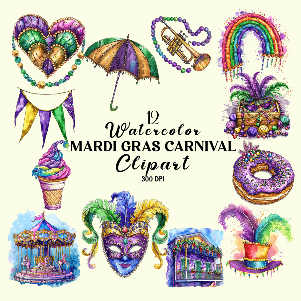 Watercolor Mardi Gras Carnival Clipart Bundle - MasterBundles