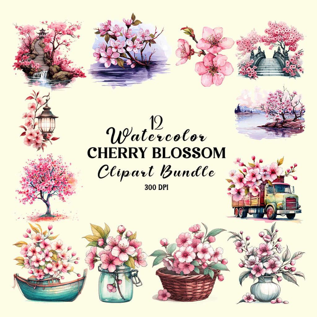 Watercolor Cherry Blossom Clipart Bundle - MasterBundles