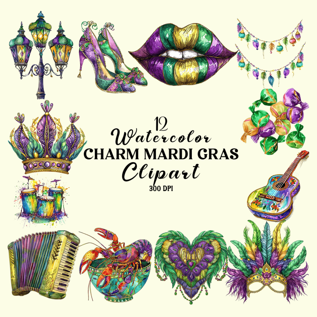 Watercolor Charm Mardi Gras Clipart Bundle - MasterBundles