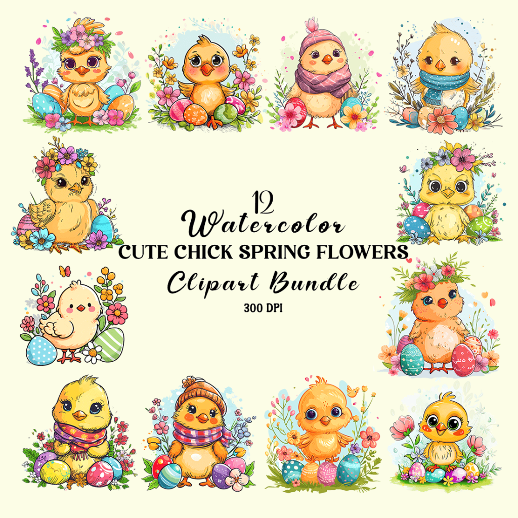Cute Chick Spring Flowers Clipart Bundle - MasterBundles