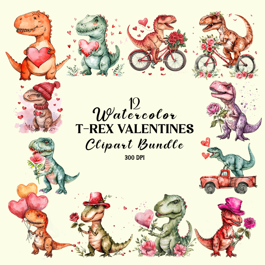 Watercolor T-Rex Valentines Clipart Bundle - MasterBundles