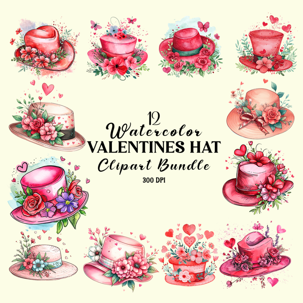 Watercolor Valentines Hat Clipart Bundle - MasterBundles