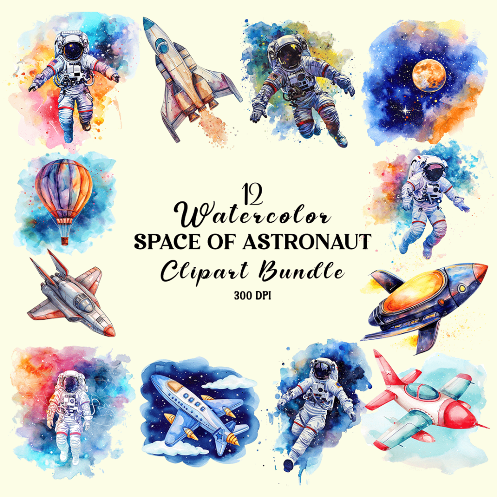 Watercolor Space of Astronaut Clipart Bundle - MasterBundles