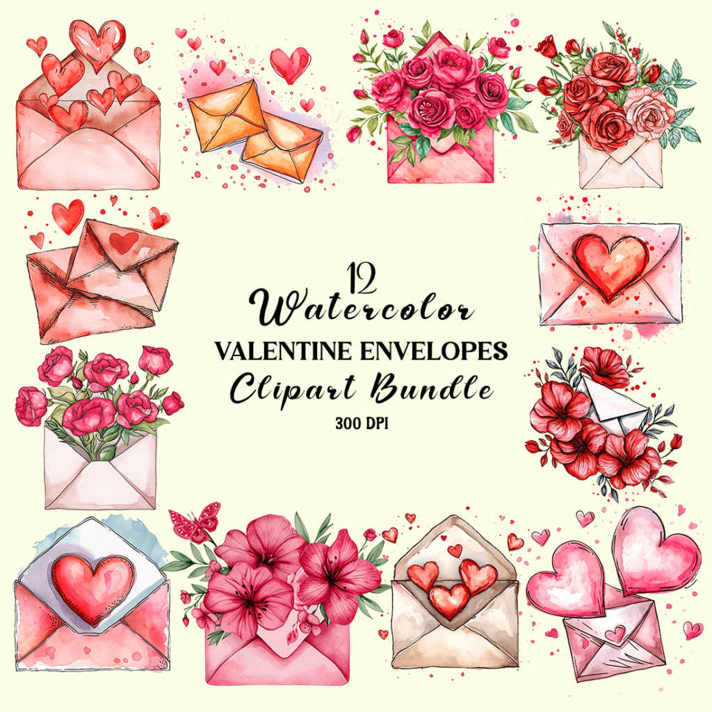 Watercolor Valentine Envelopes Clipart Bundle - MasterBundles