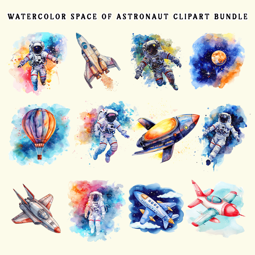 Watercolor Space of Astronaut Clipart Bundle - MasterBundles