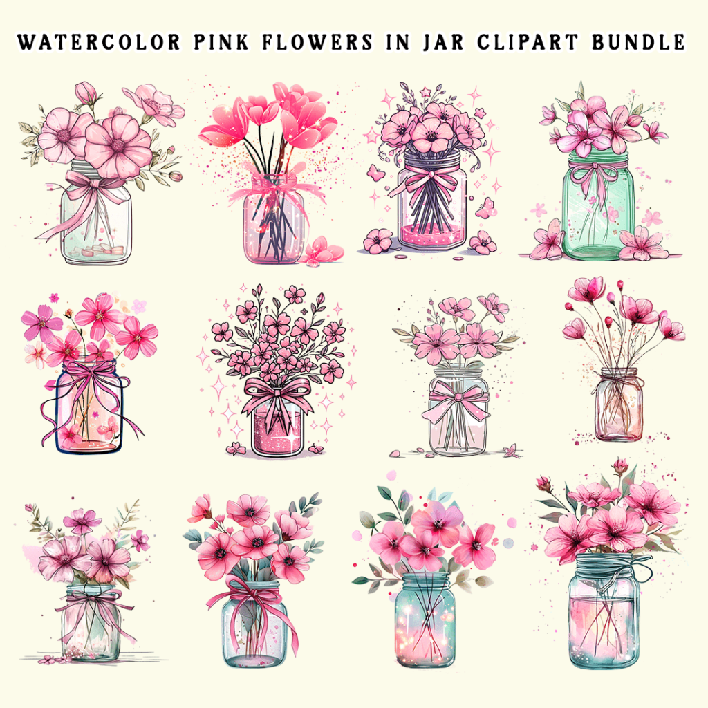 Watercolor Pink Flowers in Jar Clipart Bundle - MasterBundles