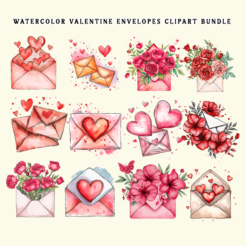 Watercolor Valentine Envelopes Clipart Bundle - MasterBundles
