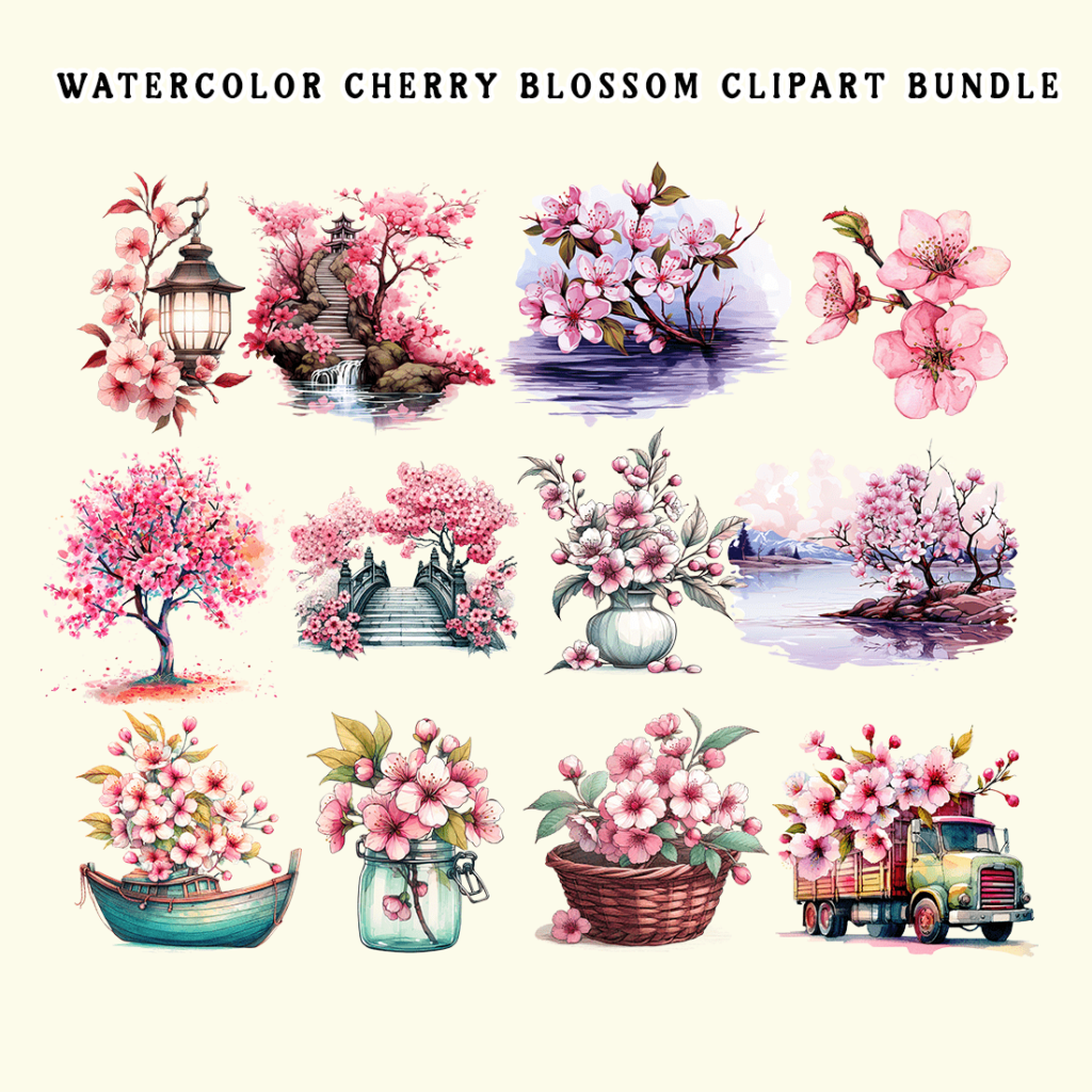 Watercolor Cherry Blossom Clipart Bundle - MasterBundles