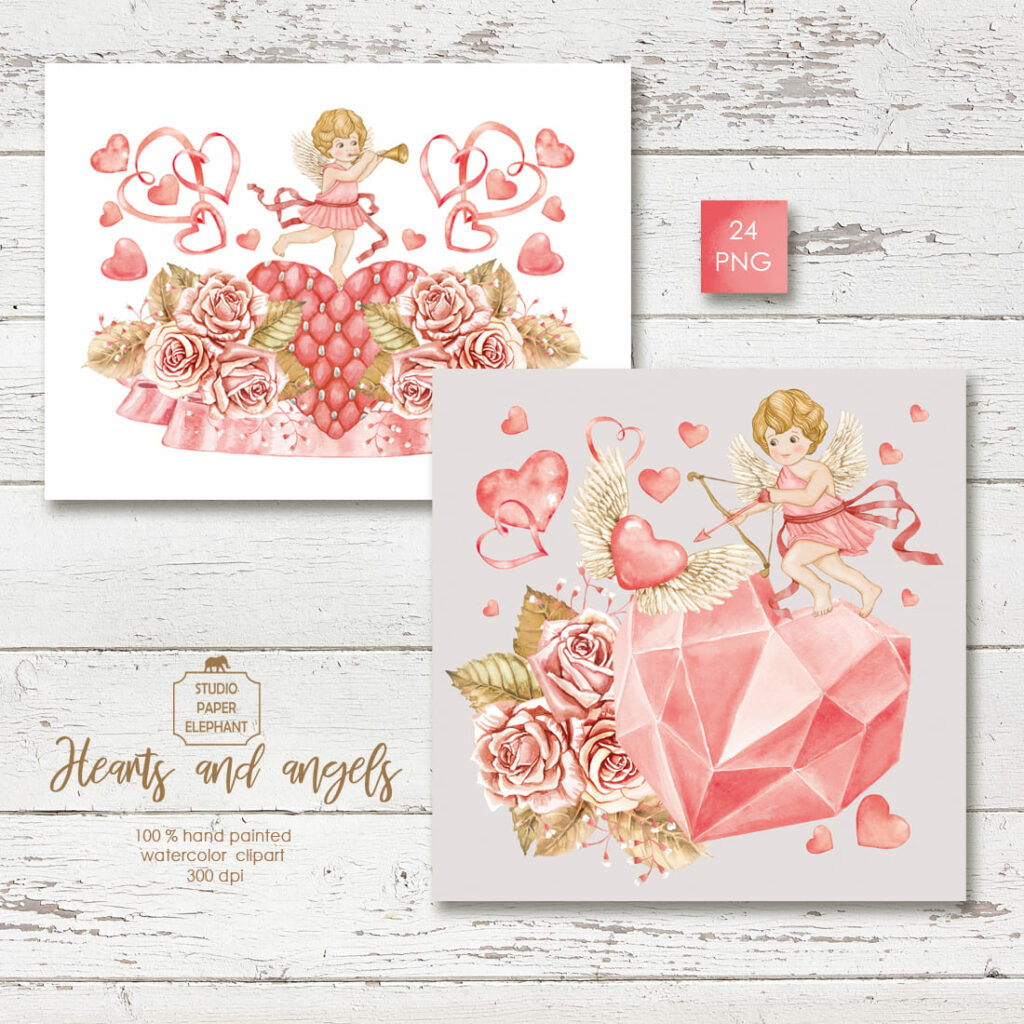Watercolor Hearts and Angels Valentine's Day Clip art Valentine's Day ...