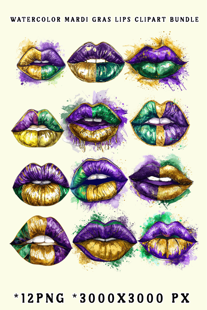 Watercolor Mardi Gras Lips Clipart Bundle - MasterBundles