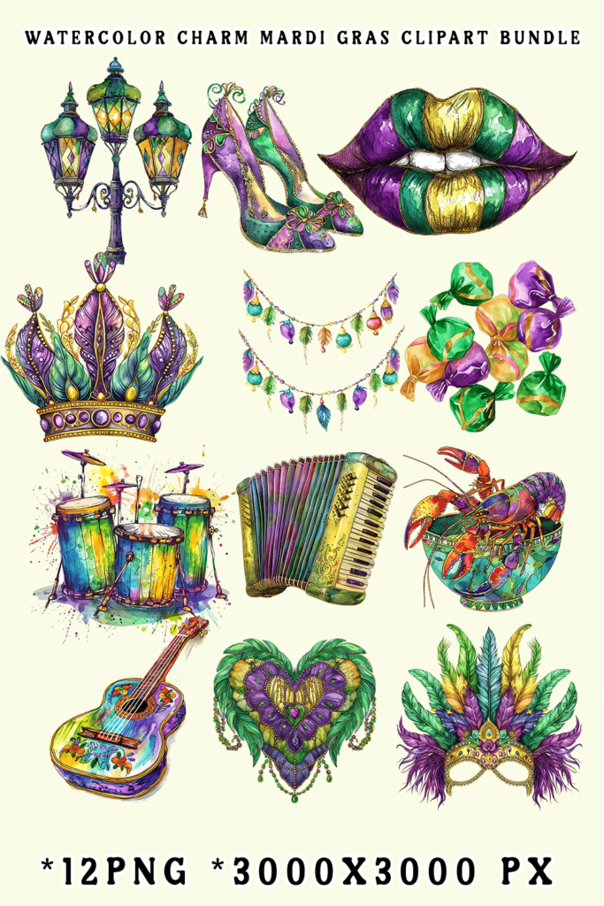 Watercolor Charm Mardi Gras Clipart Bundle - MasterBundles