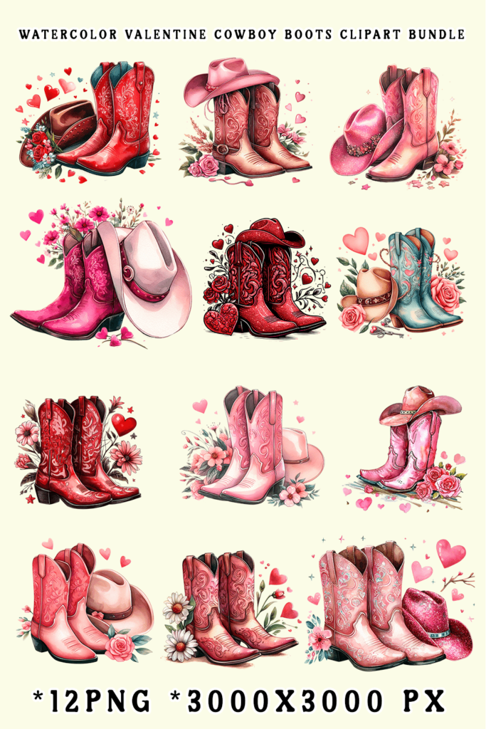 Watercolor Valentine Cowboy Boots Clipart Bundle - MasterBundles