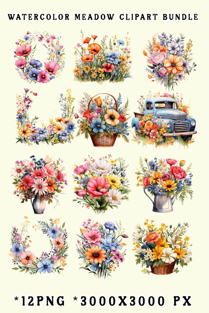 Watercolor Meadow Clipart Bundle - MasterBundles