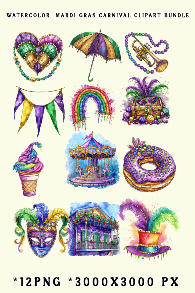Watercolor Mardi Gras Carnival Clipart Bundle - MasterBundles