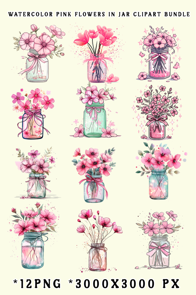 Watercolor Pink Flowers in Jar Clipart Bundle - MasterBundles