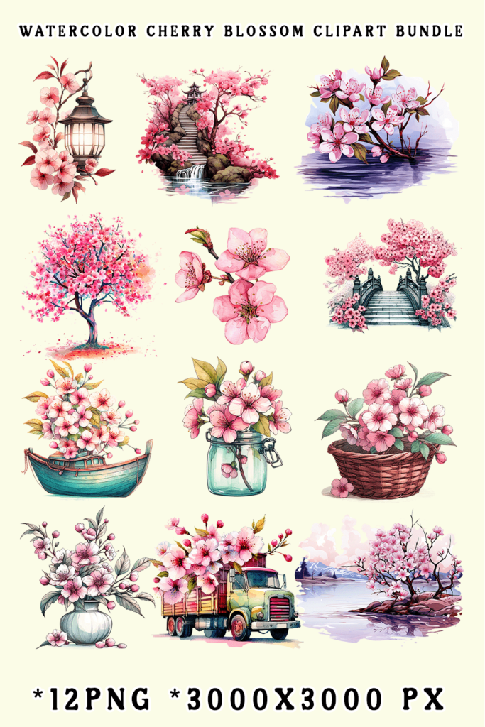 Watercolor Cherry Blossom Clipart Bundle - MasterBundles