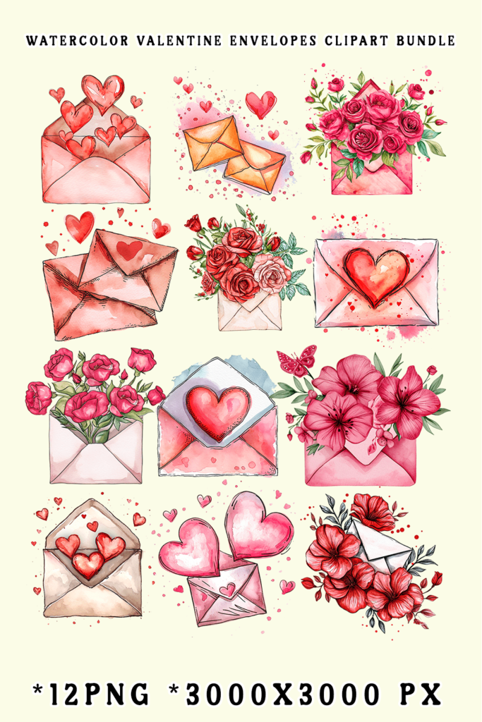 Watercolor Valentine Envelopes Clipart Bundle - MasterBundles