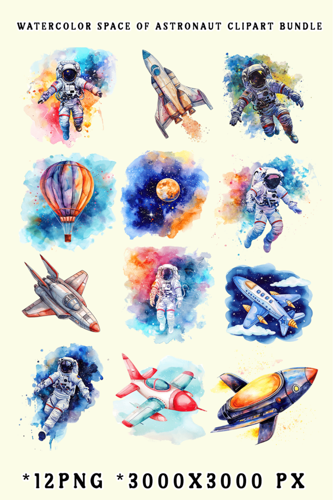 Watercolor Space of Astronaut Clipart Bundle - MasterBundles